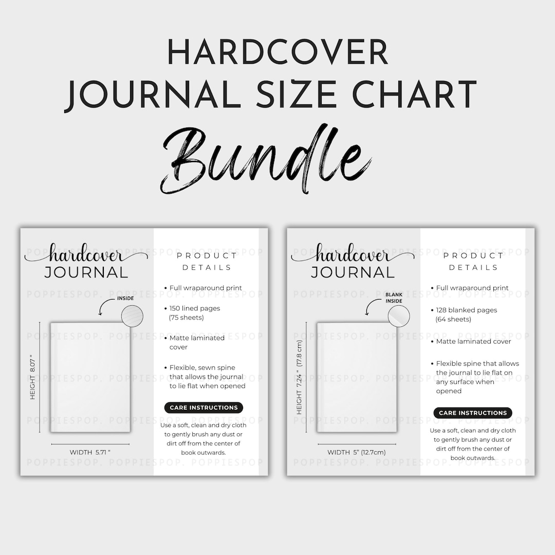 Hardcover Journal Size Chart Bundle, Lined & Blank Hardcover Journal ...