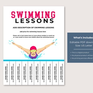 Editable Swimming Lessons Tear off Flyer, Printable Swim Lessons Flyer ...