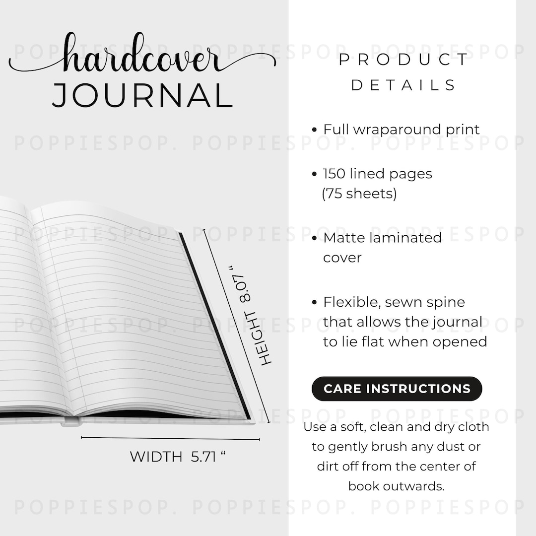 Hardcover Journal Size Chart, Hardcover Journal Care Card, Printify ...
