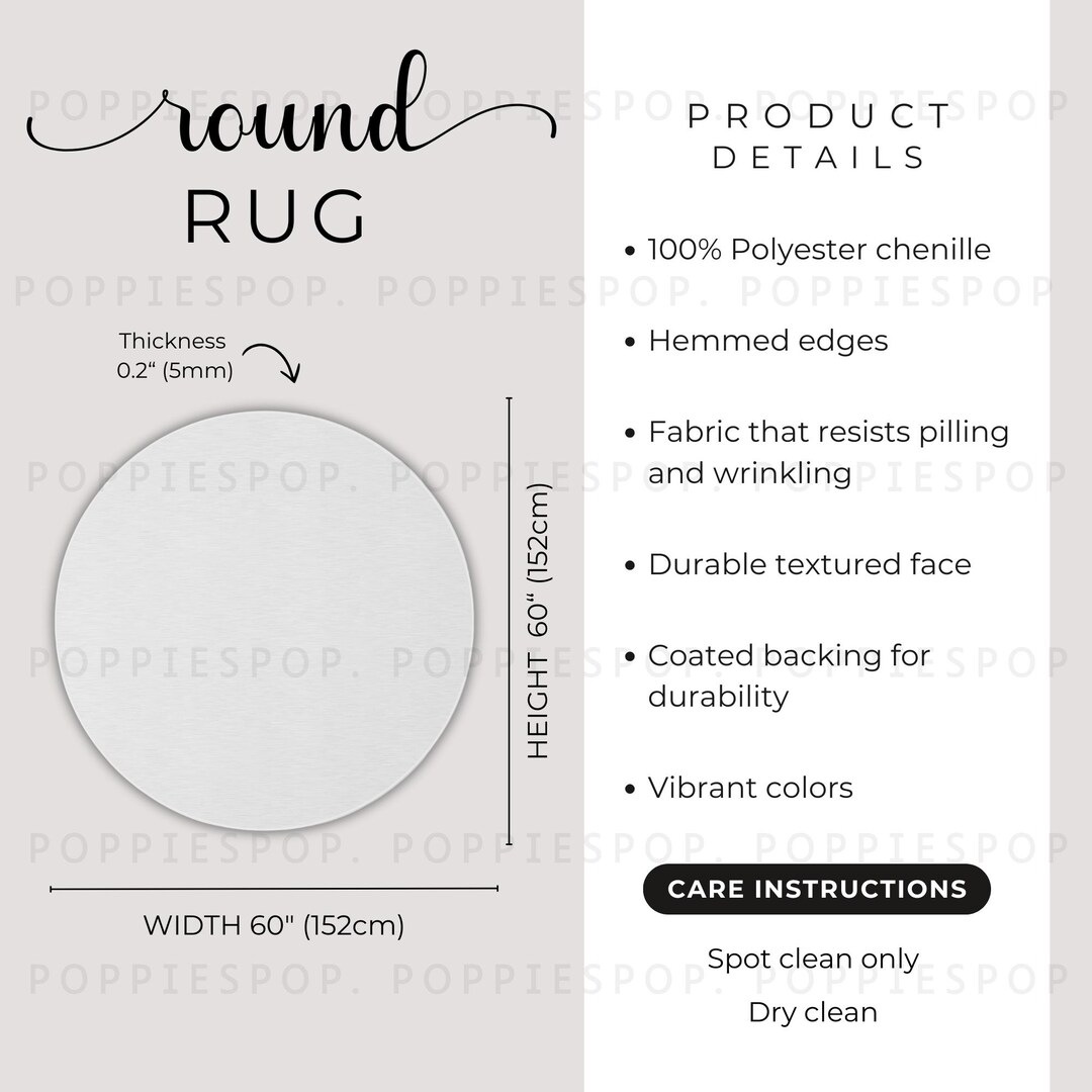 Round Rug Size Chart, Round Rug Mockup, Rug Care Card, Rug Washing ...