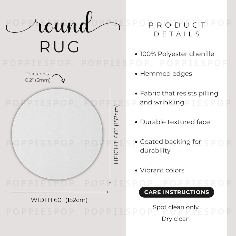 Round Rug Size Chart, Round Rug Mockup, Rug Care Card, Rug Washing ...