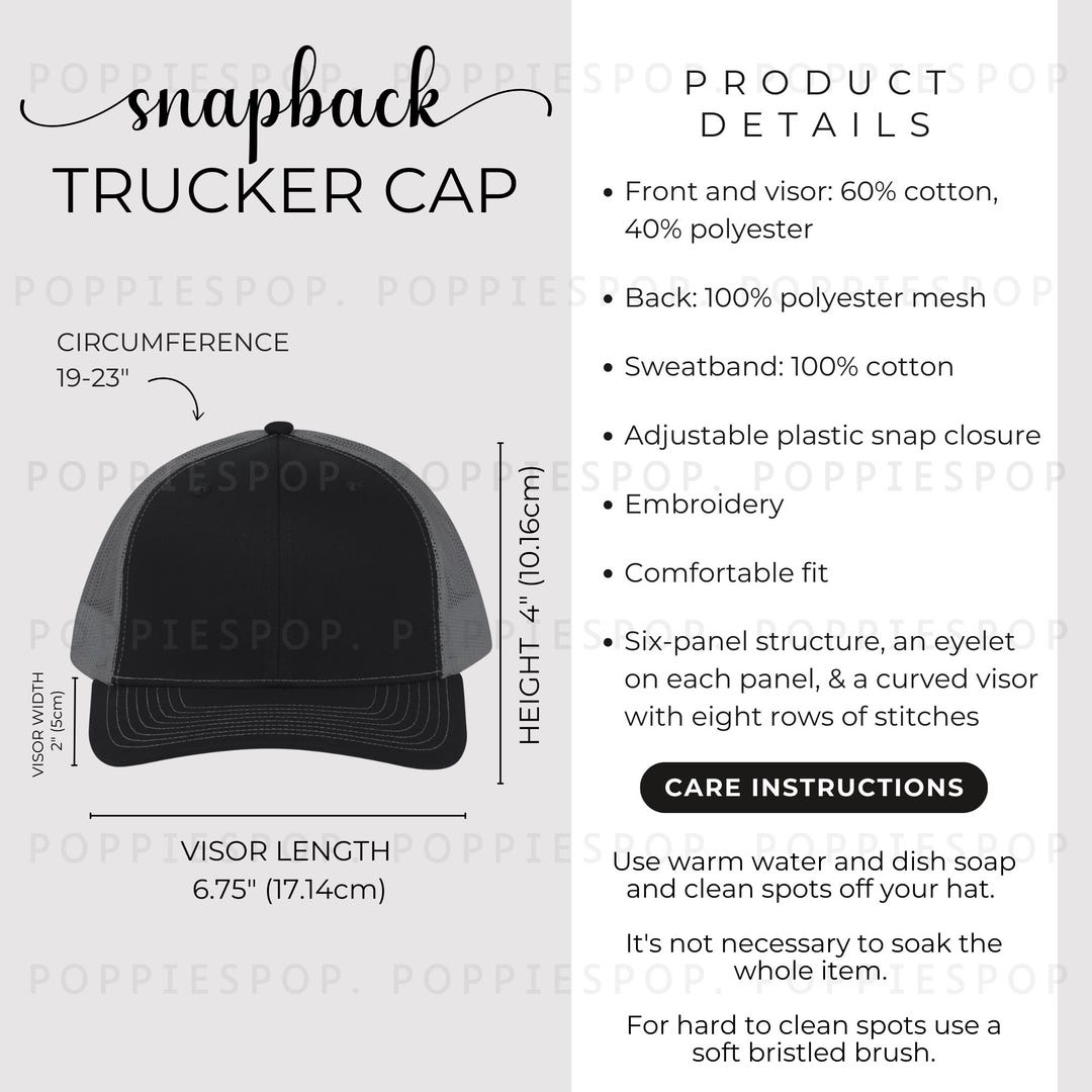 Tabela de tamanhos de bonés Trucker Snapback preto/carvão, guia de ...