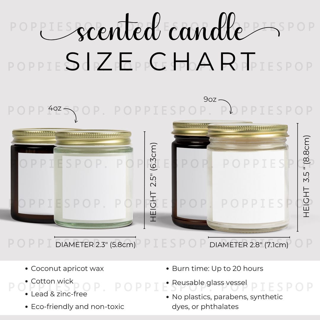 Scented Candle Size Chart, 4oz & 9oz Jar Candle Size Guide, Glass ...