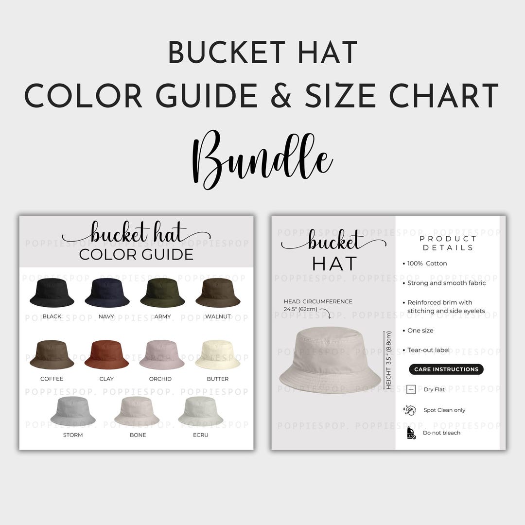Bucket Hat Size Chart & Color Guide, Bucket Hat Care Card, Bone Bucket ...