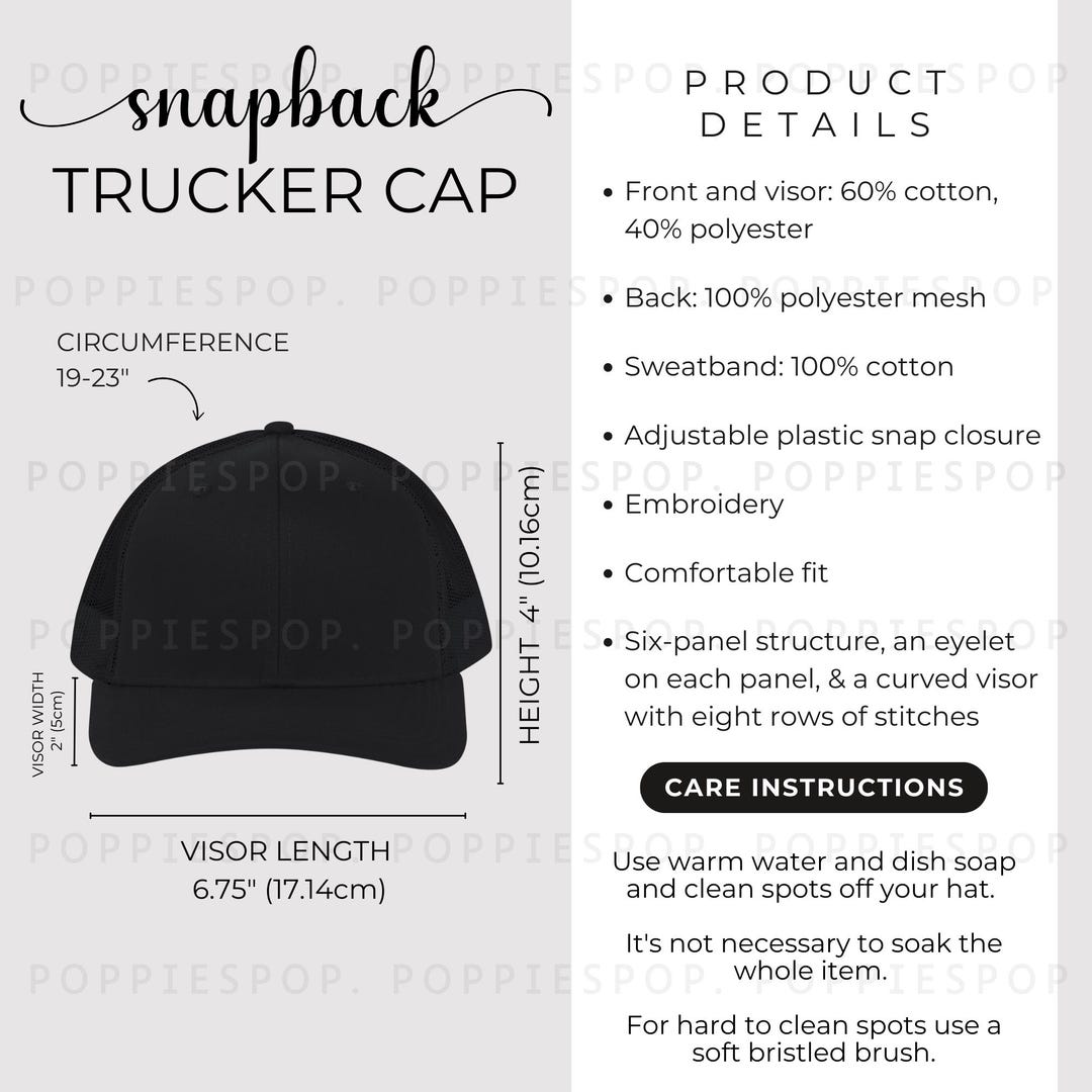 Black Snapback Trucker Hat Size Chart, Trucker Hat Size Guide ...