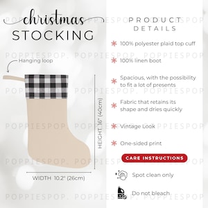 Black Plaid Christmas Stocking Size Chart, Christmas Stocking Care Card ...