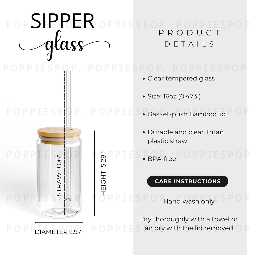 Sipper Glass Mockup, Sipper Glass Care Card, Sipper Glass Size Chart ...