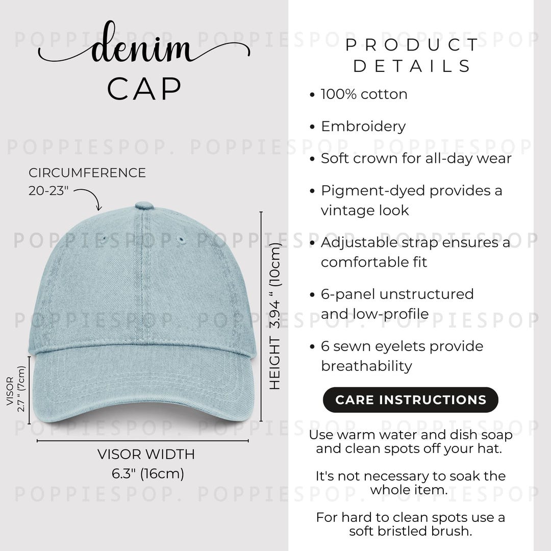 Light Blue Denim Cap Size Chart, Vintage Hat Size Guide, Embroidered ...