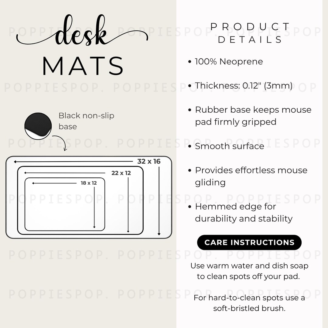 Desk Mat Size Chart, Mousepad Size Guide, Office Desk Mat Care Card ...
