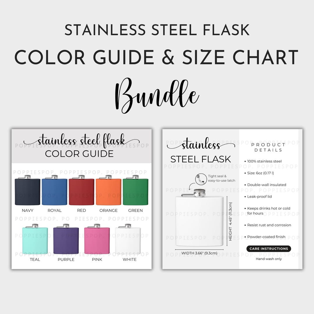 Stainless Steel Flask Size Chart and Color Guide Bundle, Printify ...