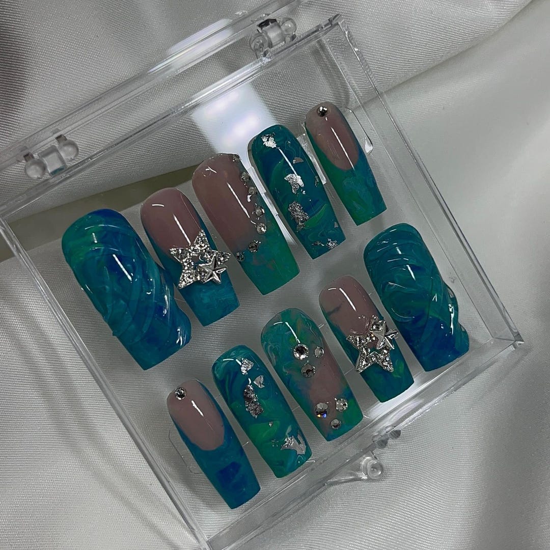 Marble Press on Set/ Custom Press Ons / Blue Press Ons Nails / French ...