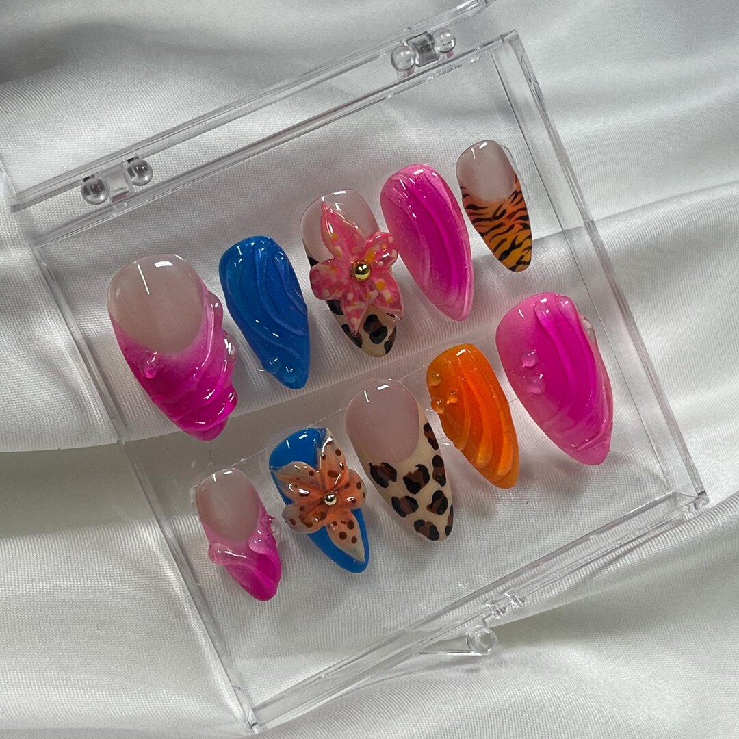 Pink Press on Set/ Custom Press Ons/ Animal Print Press Ons/ 3d Gel ...