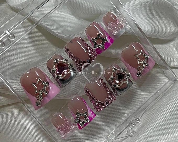 Pink Duck Nail Press Ons / Blinged Press Ons/ Custom Press on Set / Y2k ...