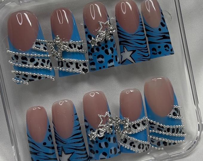 Blue Y2K Press Ons/ Animal Print Press Ons / Custom Press on Set / Nail ...