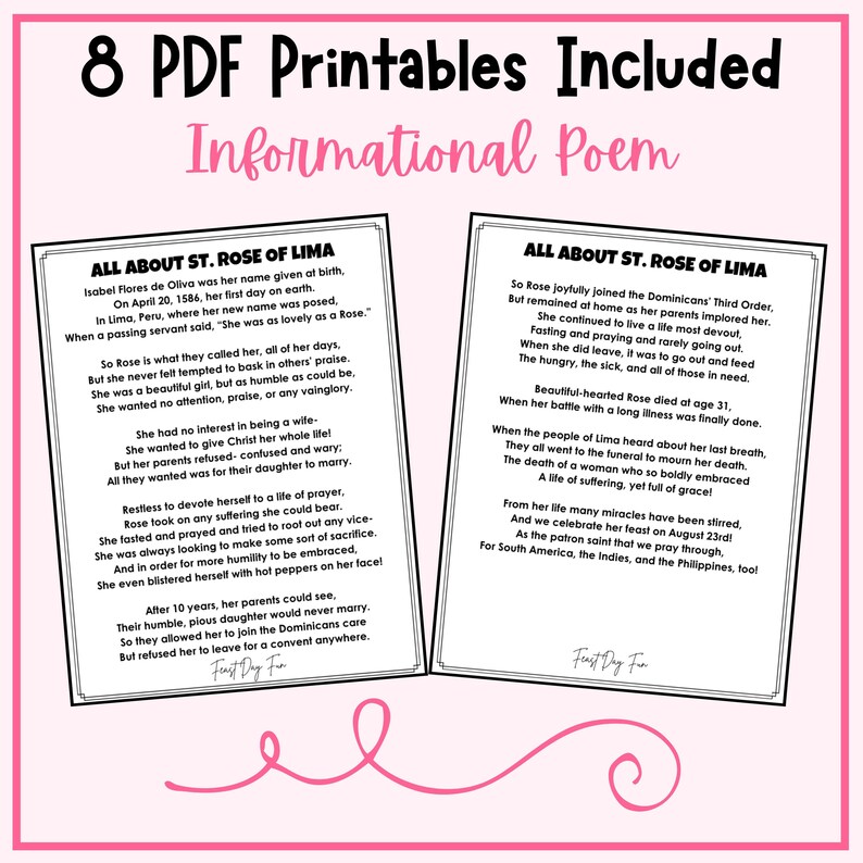St Rose of Lima Kids Printables August Feast Day Activities Poem and ...