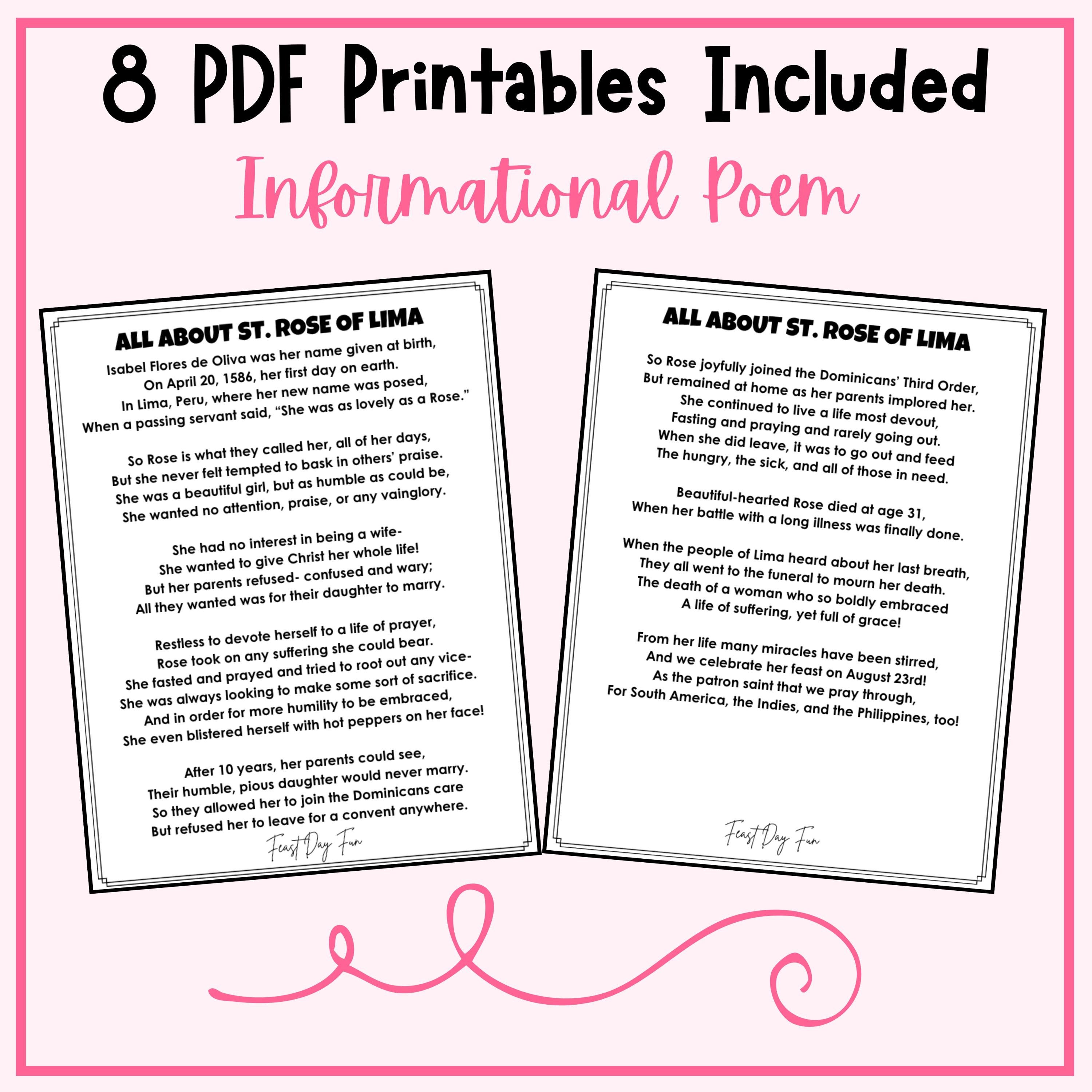 St Rose of Lima Kids Printables August Feast Day Activities Poem and ...