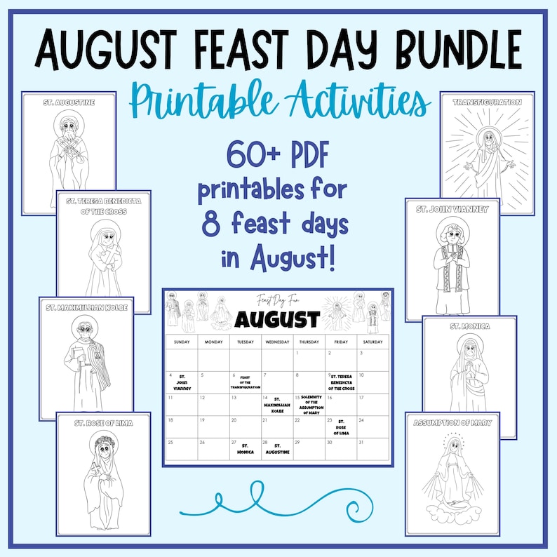 August Saint Feast Day BUNDLE Printable Catholic Activities Poem and Coloring Pages for Catholic ...