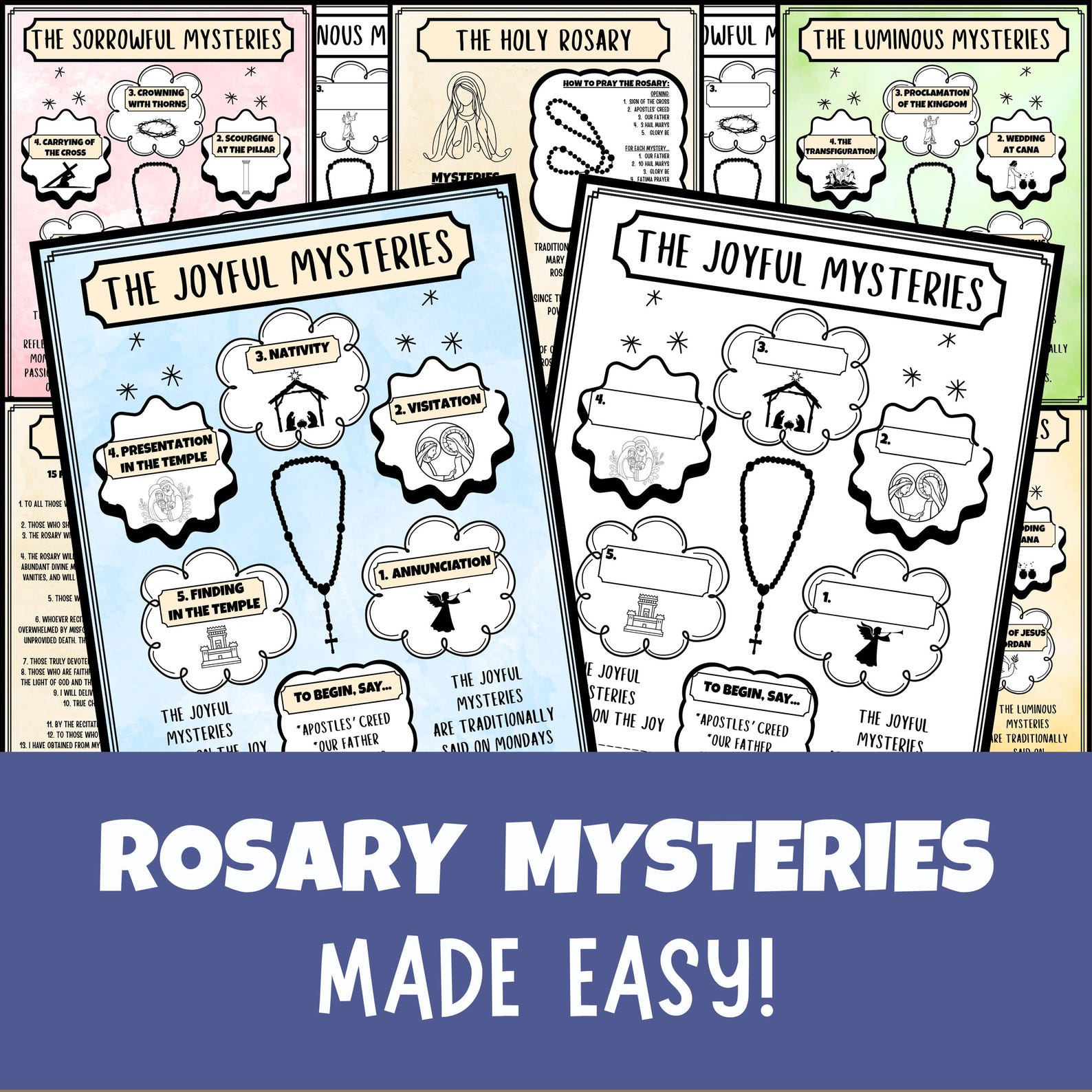 Rosary Mysteries Joyful Sorrowful Glorious Luminous Kids Printable ...