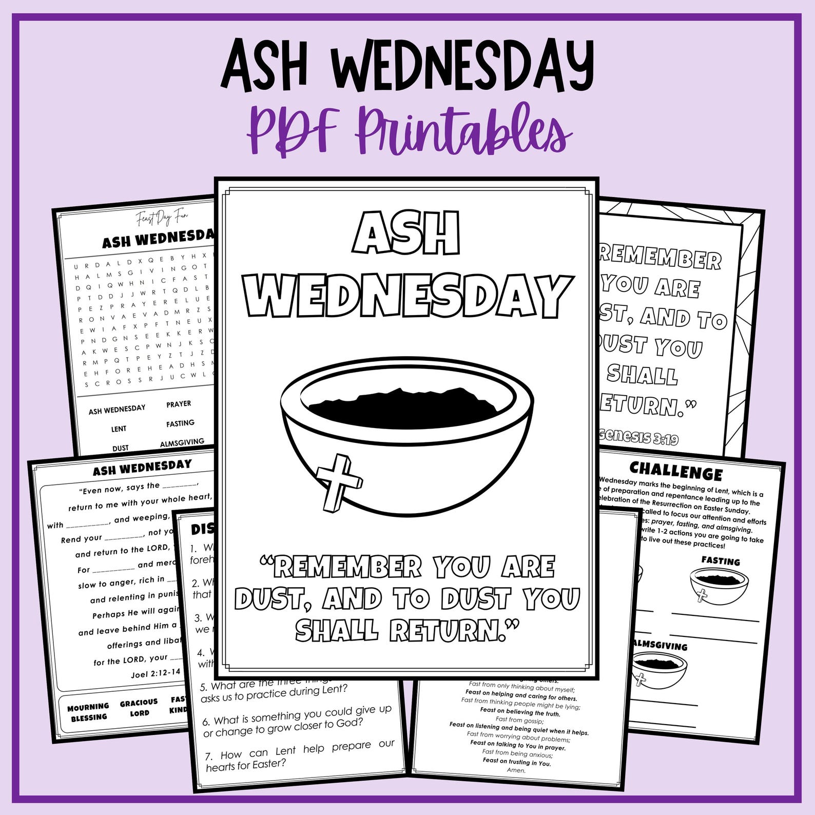 Ash Wednesday Christian Lent Kids Printable Coloring Pages Word Search ...
