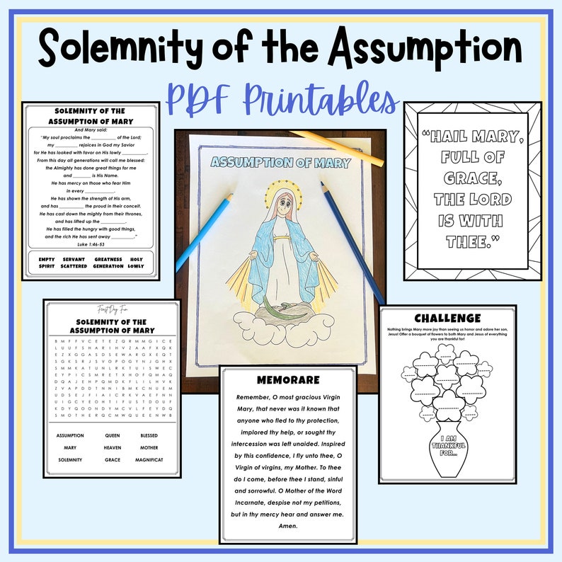 Assumption of Mary Kids Printable August Feast Day Activities Poem and Coloring Pages for ...