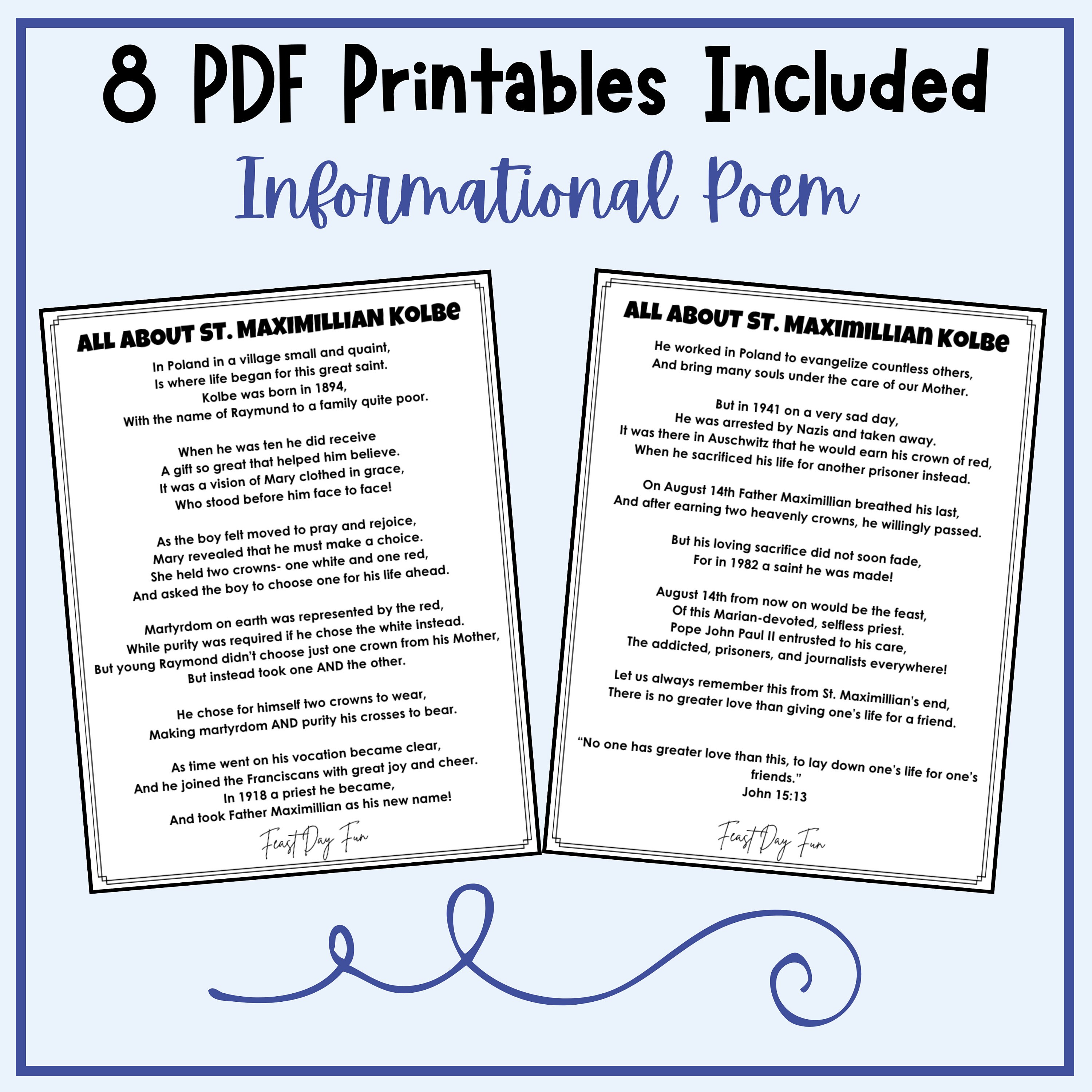 St Maximillian Kolbe Kids Activities August Feast Day Catholic Printables Poem and Coloring ...