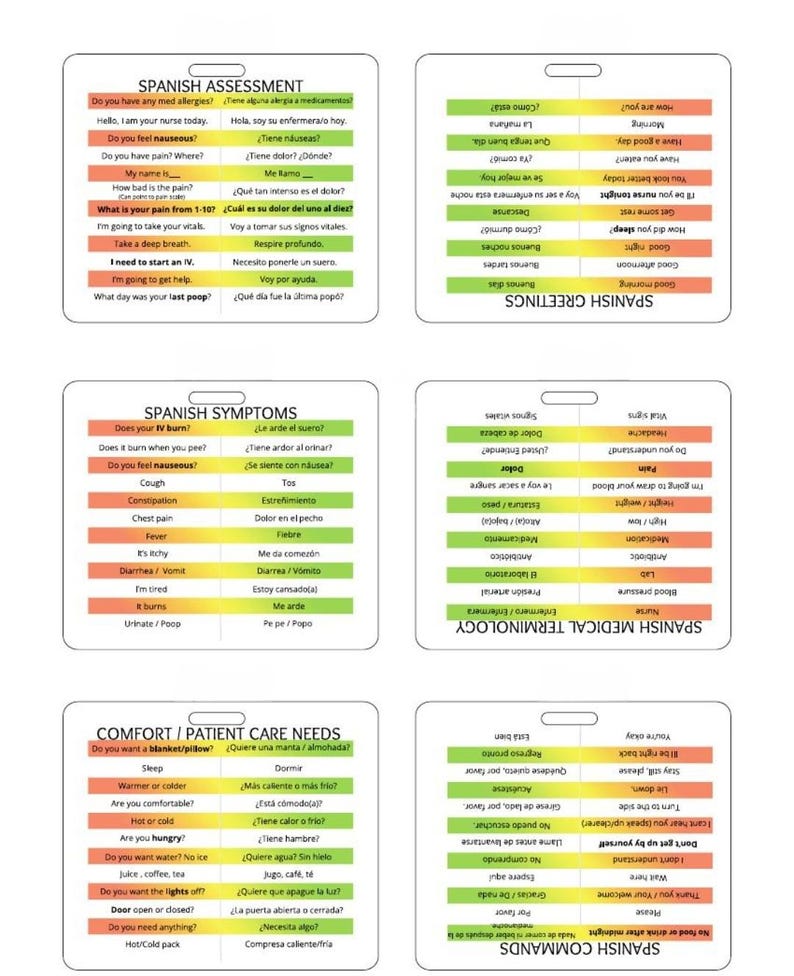 Medical Spanish Nurse Badge Card – Spanish to English Translation ...