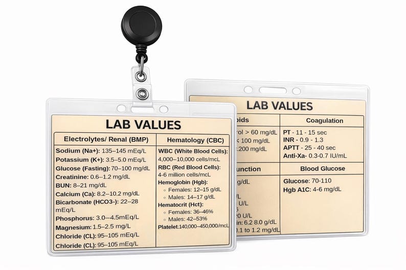 Nursing Lab Values Cheat Sheet, Badge Card, RN Clinical Reference Guide ...