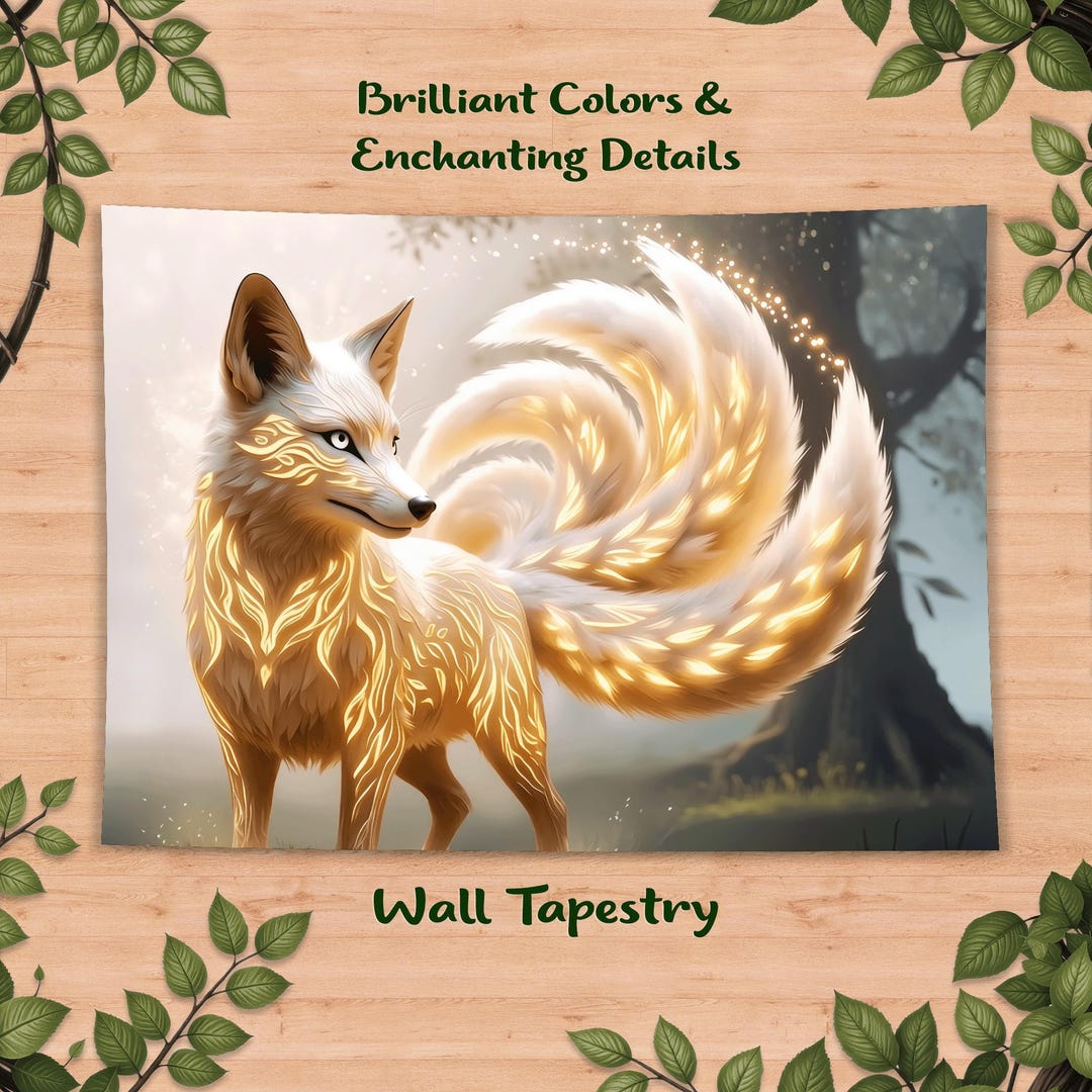 Golden Nine-tailed Fox Wall Tapestry | Mystic Kitsune Forest Decor - Etsy