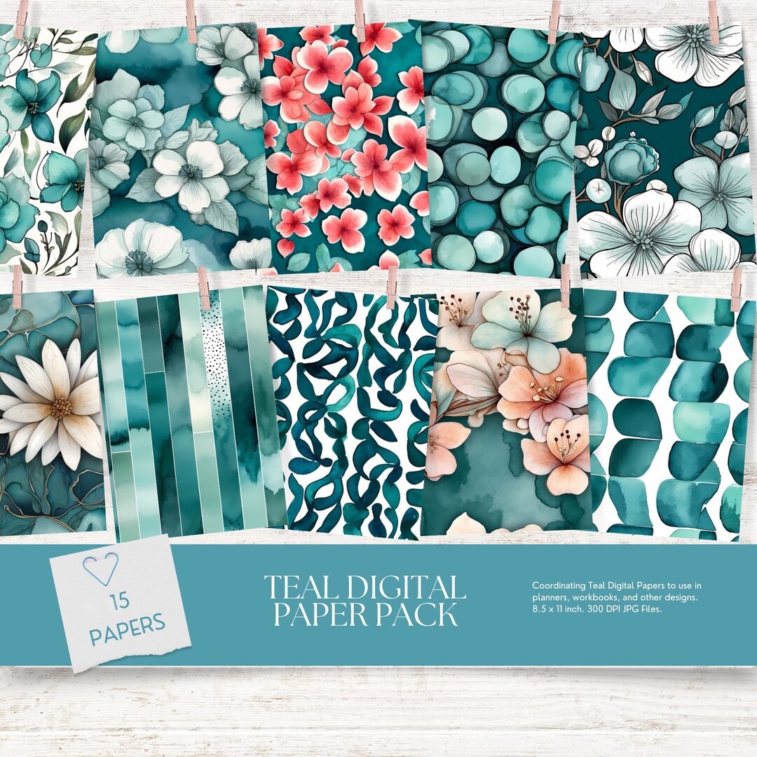 Teal Digital Paper Pack, INSTANT DOWNLOAD, Journal Background, Digital ...
