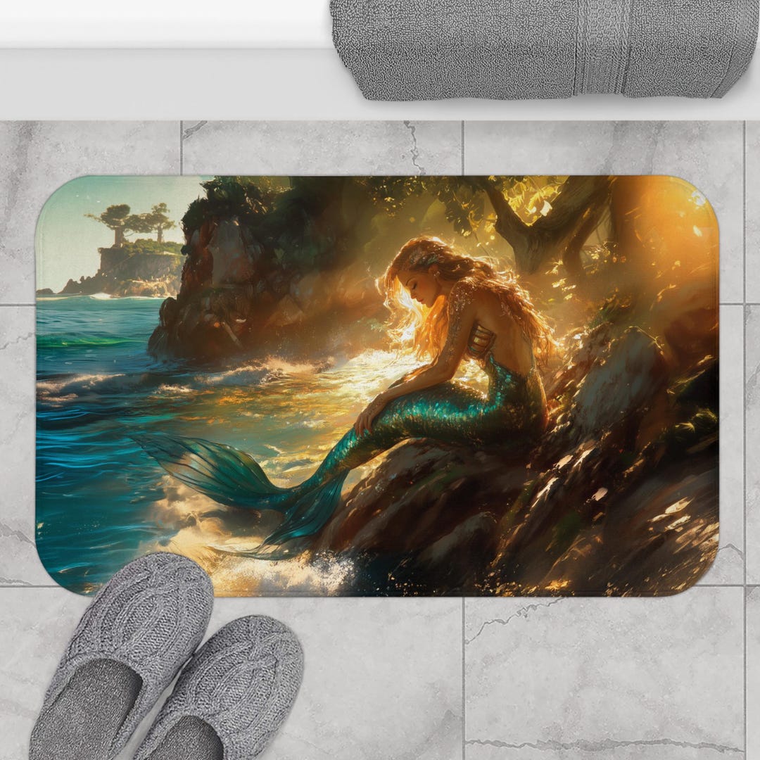 Little Mermaid Fantasy Bath Mat, Beach Bathroom Rug Pad, Ocean Theme ...