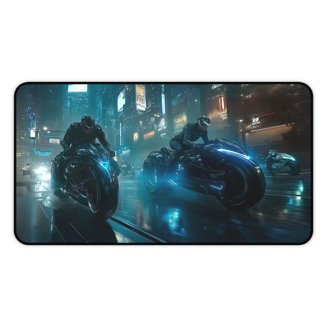 Desk Mat, Neon Racers Playmat, Sci-fi Motorcycles, Gaming Mat, Office ...