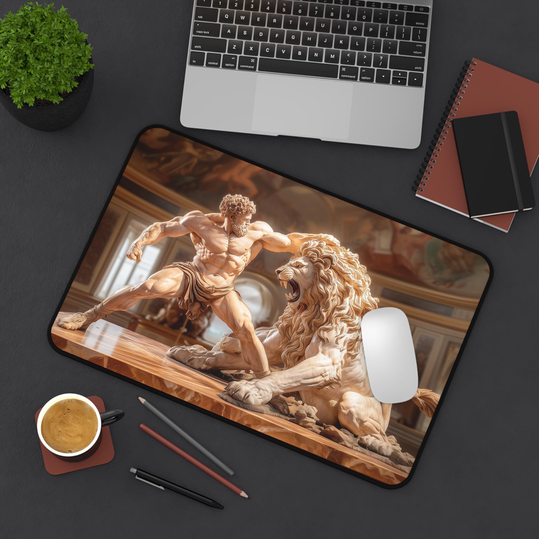 Greek Mythology Desk Mat, Hercules and the Nemean Lion Gaming Playmat ...