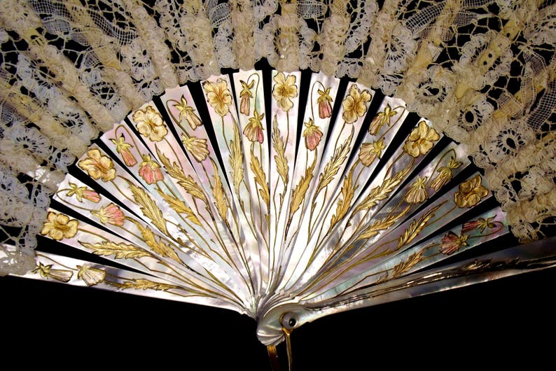Rare Antique Hand Fan Mother of Pearl Monture and Brussels Princess ...