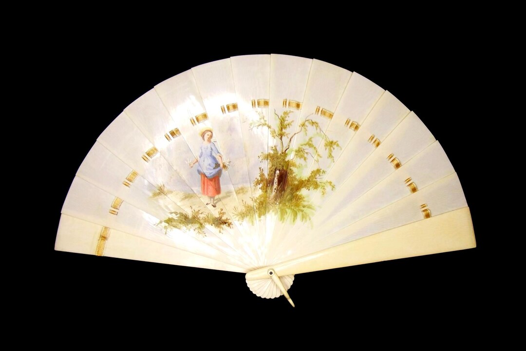 Antique Hand Fan Brisé Style, Hand-painted Maiden and Doves, Circa ...