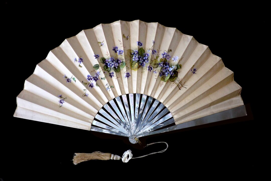 Antique Mother of Pearl Hand Fan, Hand Painted Silk, Violets, 1890s ...