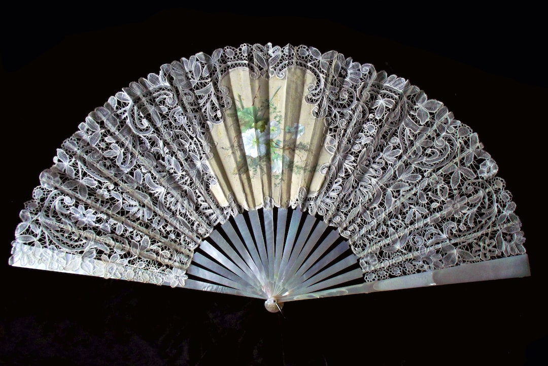 Large Antique Hand Fan Mother of Pearl Bobbin Lace Hand Painted - Etsy