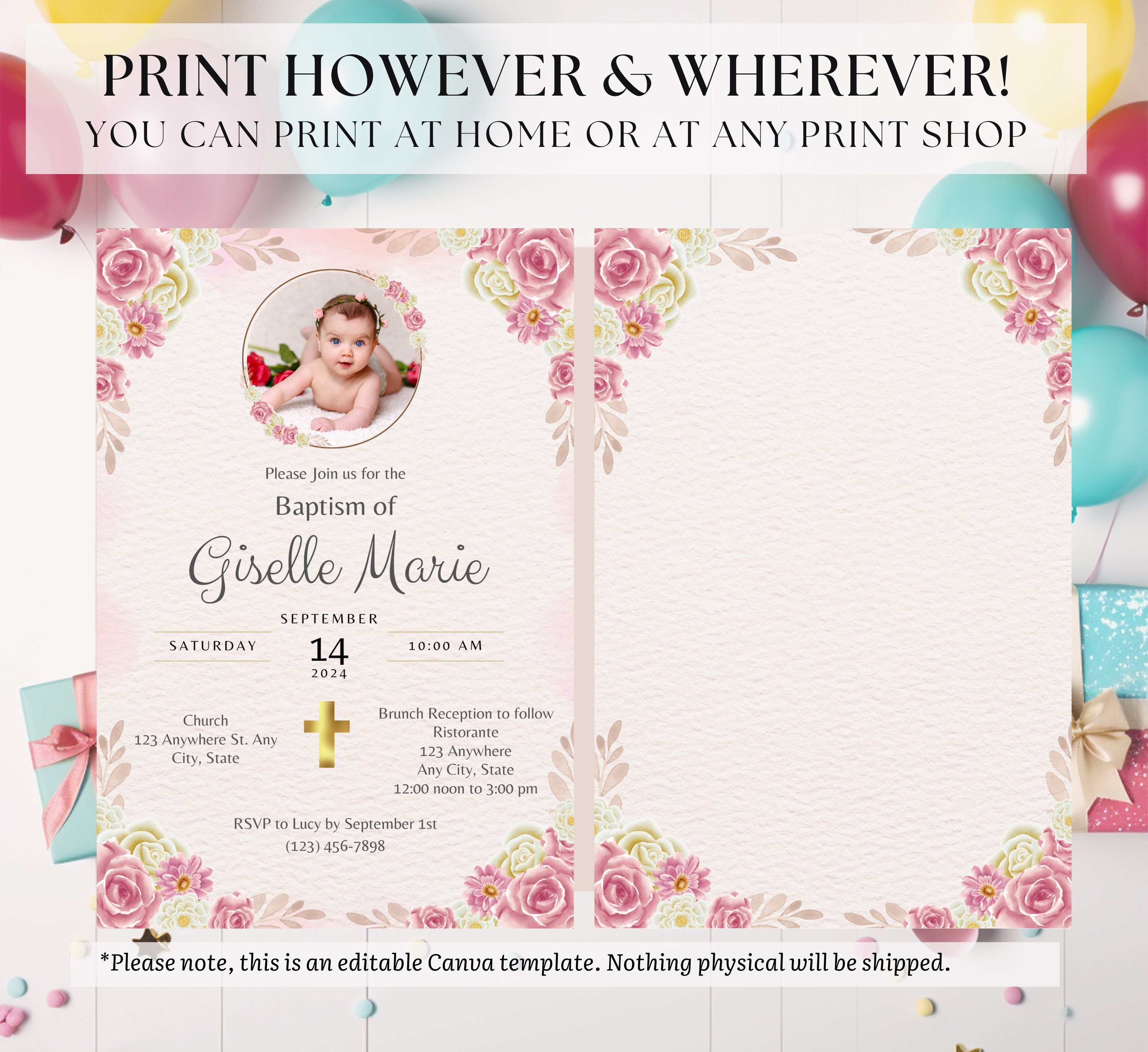 Rustic Baptism Invitation Template; Christening Invite Template; Girl ...