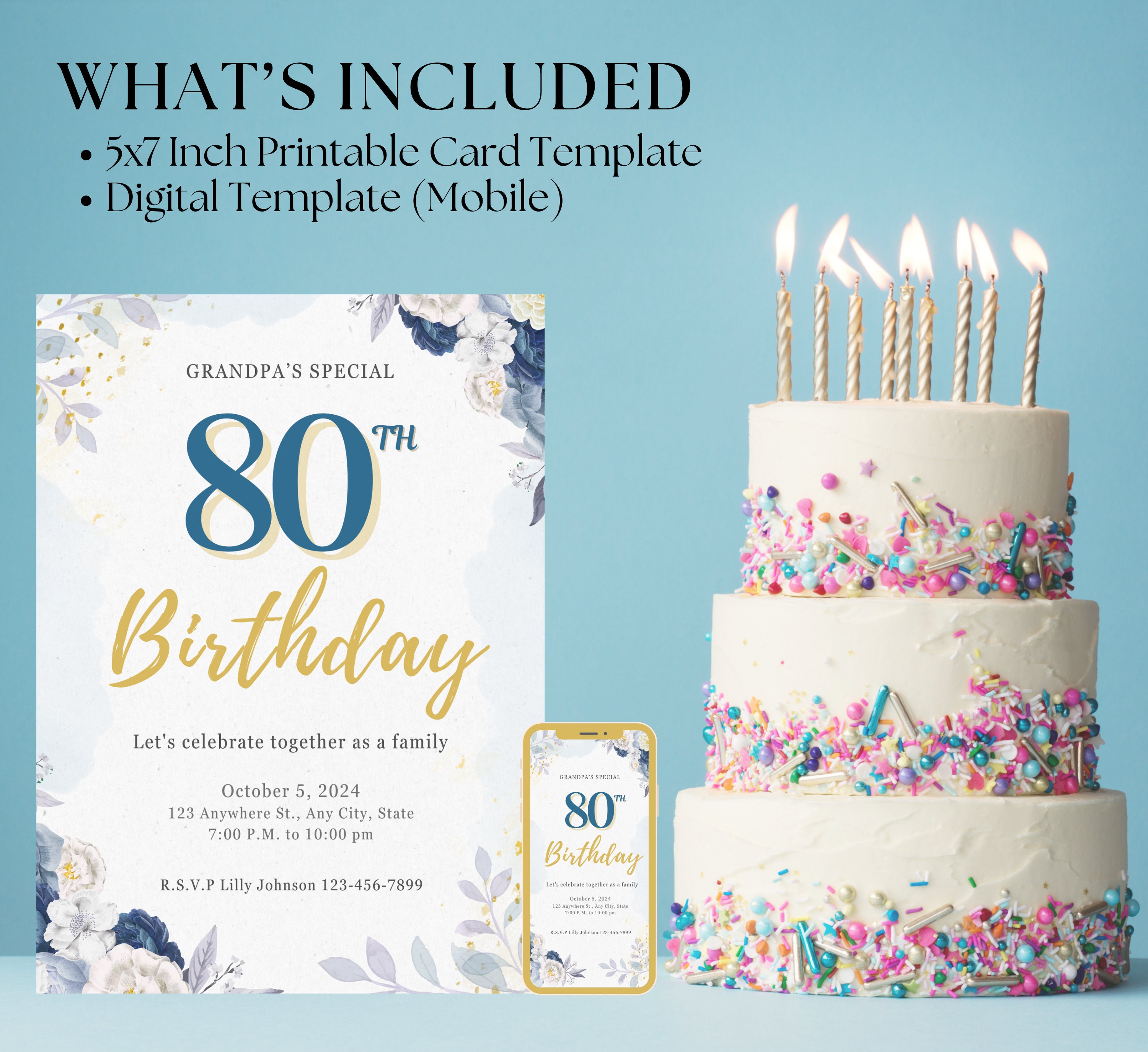 80th Birthday Invitation With Matching Phone Template Editable 80th ...