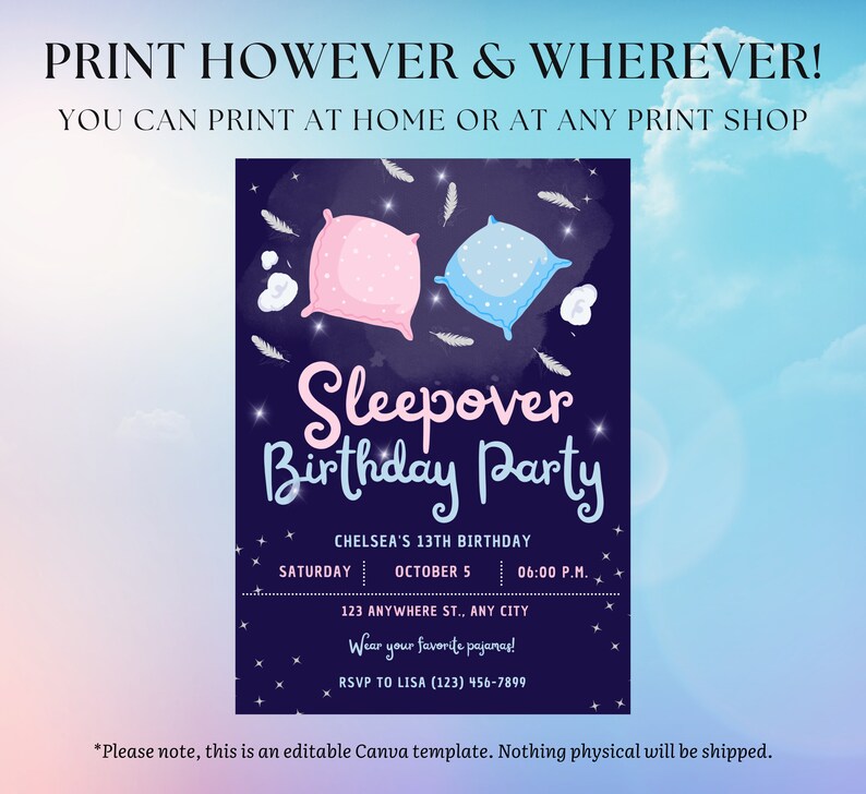 Editable Sleepover Invitation Slumber Party Invitation Sleepover
