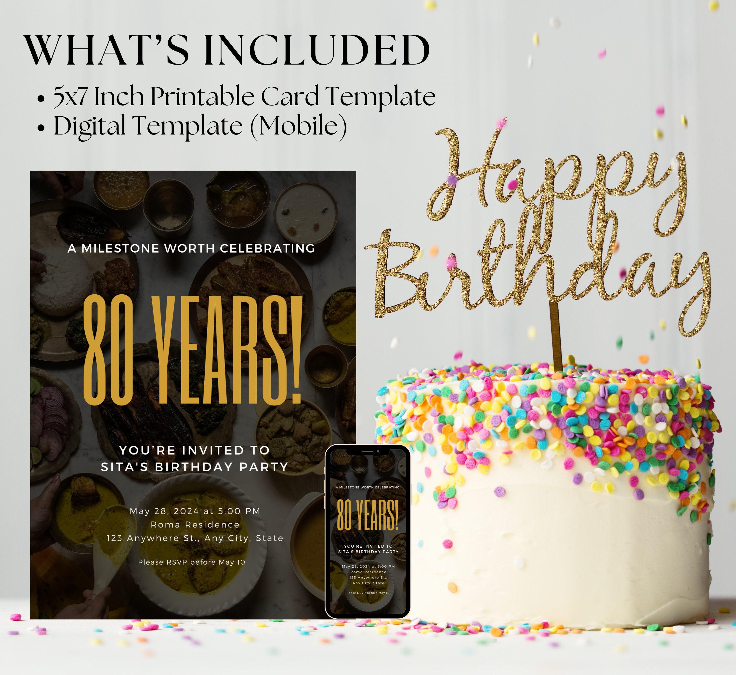 80th Birthday Invitation With Matching Phone Template; Editable 80th ...