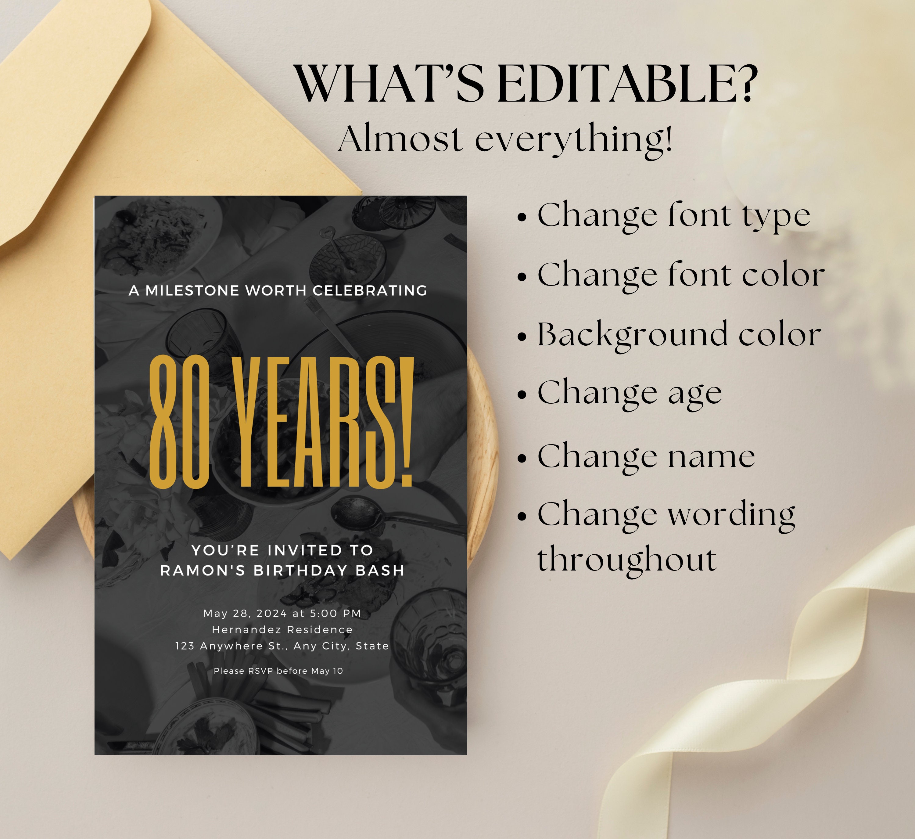 80th Birthday Invitation With Matching Phone Template; Editable 80th ...