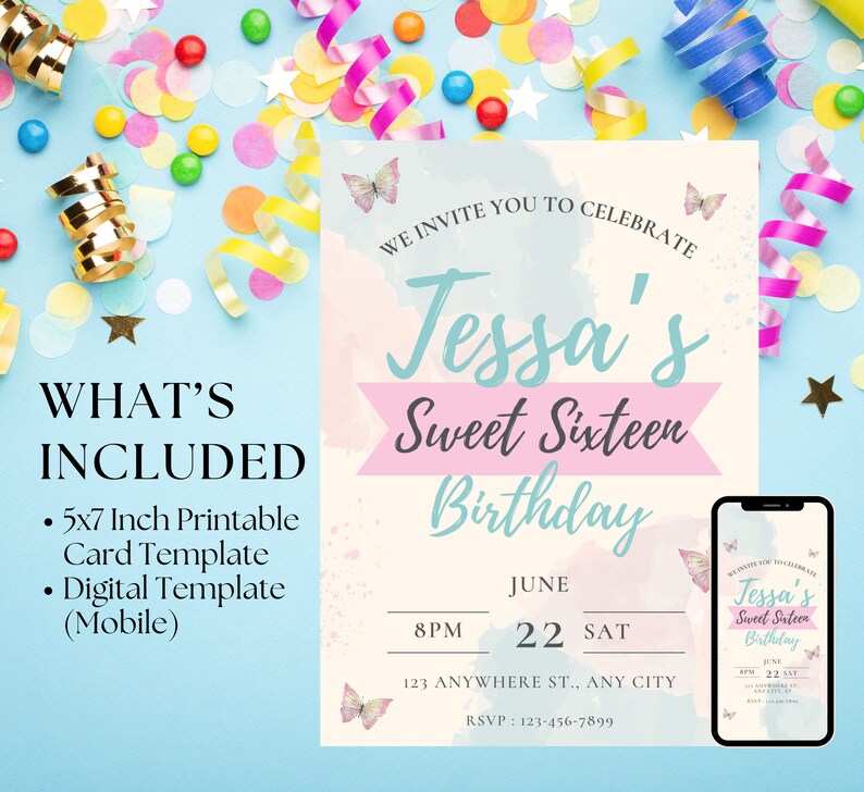 Editable 16th Sweet Sixteen Birthday Invitation Template; Sweet 16 ...