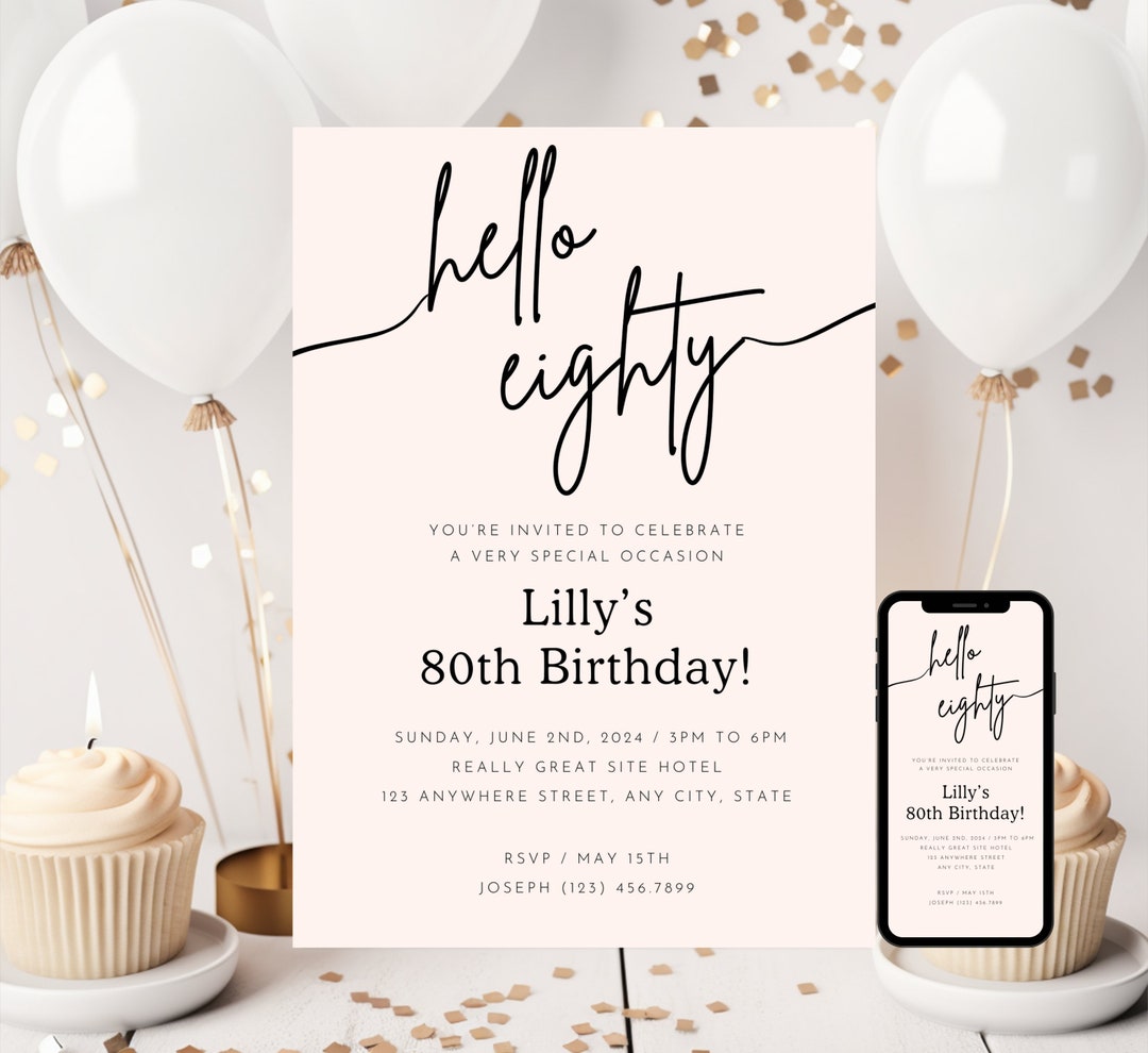 80th Birthday Invitation With Matching Phone Template; Editable 80th ...