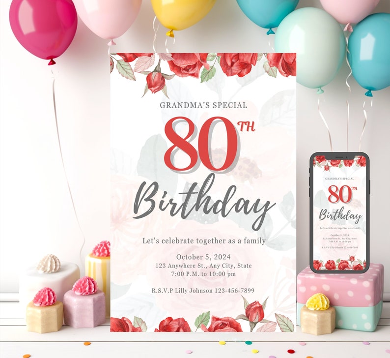 80th Birthday Invitation With Matching Phone Template Editable 80th