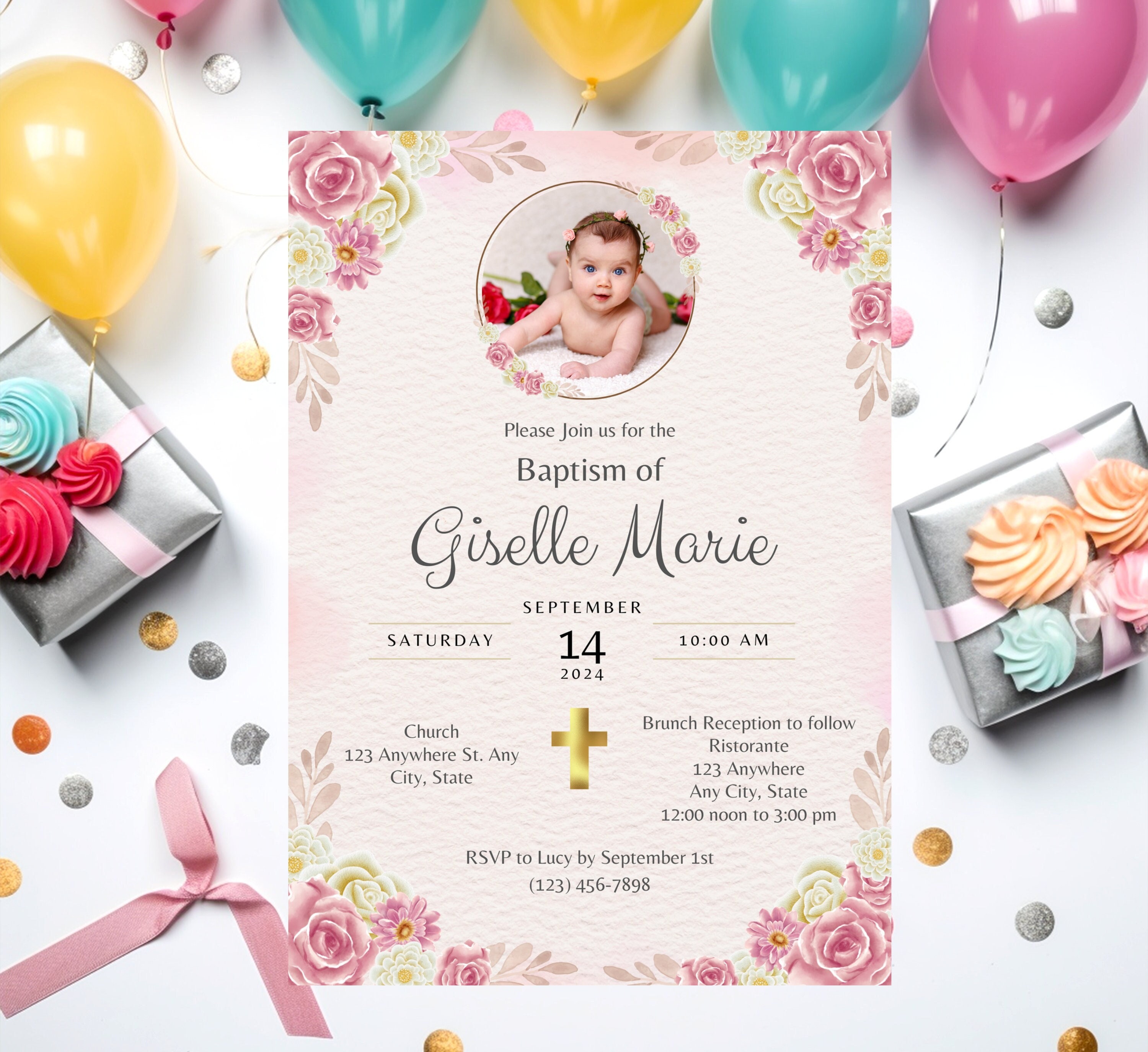 Rustic Baptism Invitation Template; Christening Invite Template; Girl ...