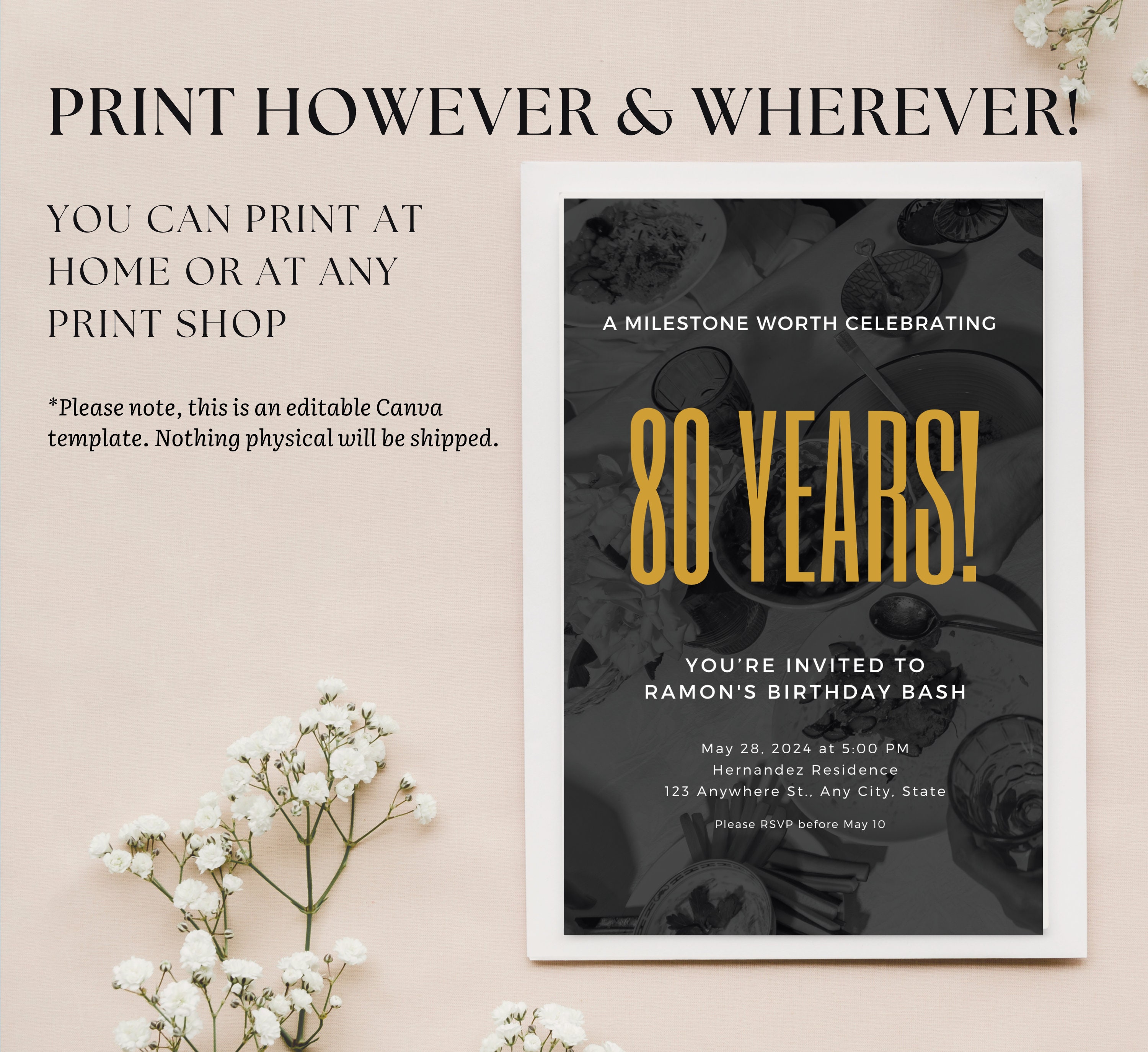 80th Birthday Invitation With Matching Phone Template; Editable 80th ...