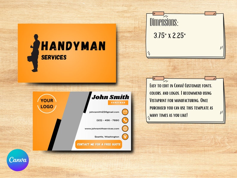 Handyman Business Card Template, Modern Design (canva Editable, Instant ...