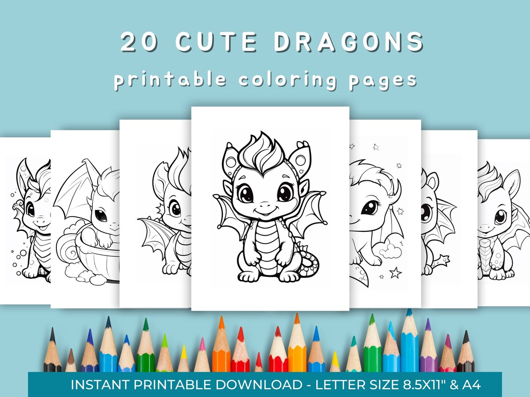 Cute Dragon Coloring Page for Kids,20 Digital Printable Baby Dragons ...
