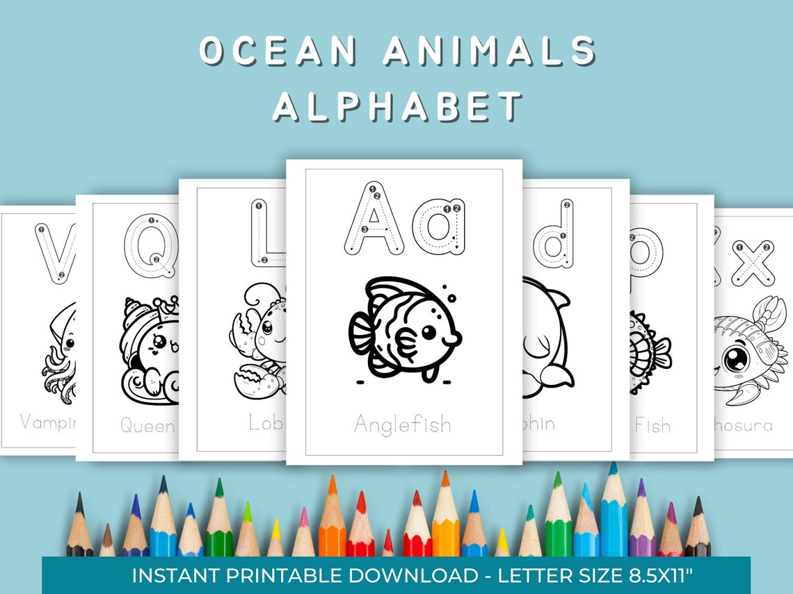 Ocean Animal Alphabet Coloring Page for Kids, Preschool Worksheet ...
