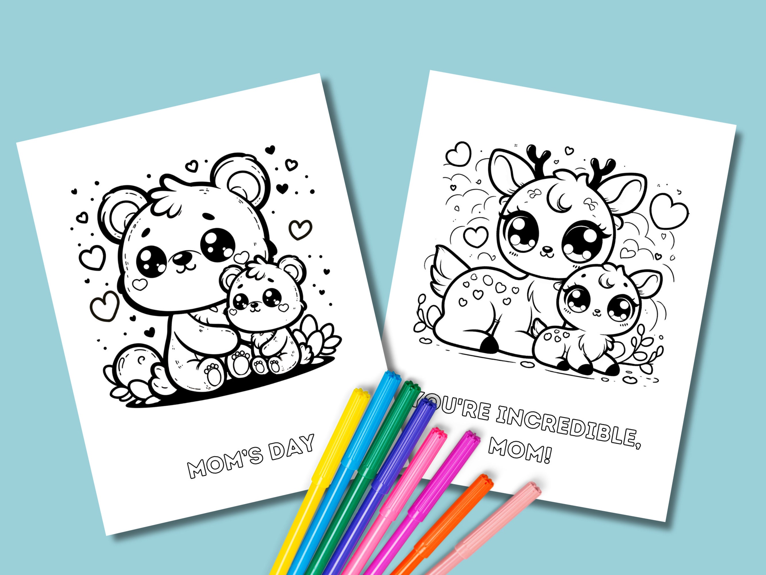 Cute Mom & Baby Animal Coloring Pages for Kids, Mother 's Day Coloring ...